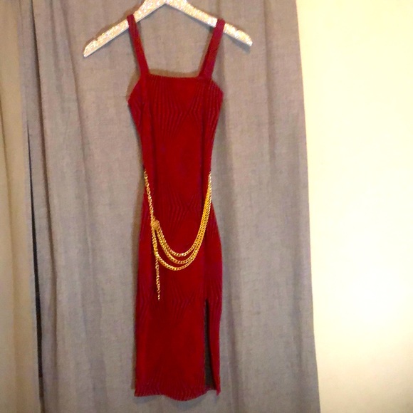 Dresses | Bright Red Sparkly Dress With Gold Chain | Poshmark